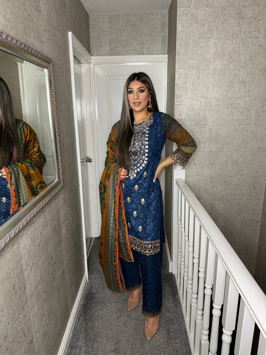 3PC BLUE Stitched shalwar Suit Ready to wear DHANAK winter Wear with D ...
